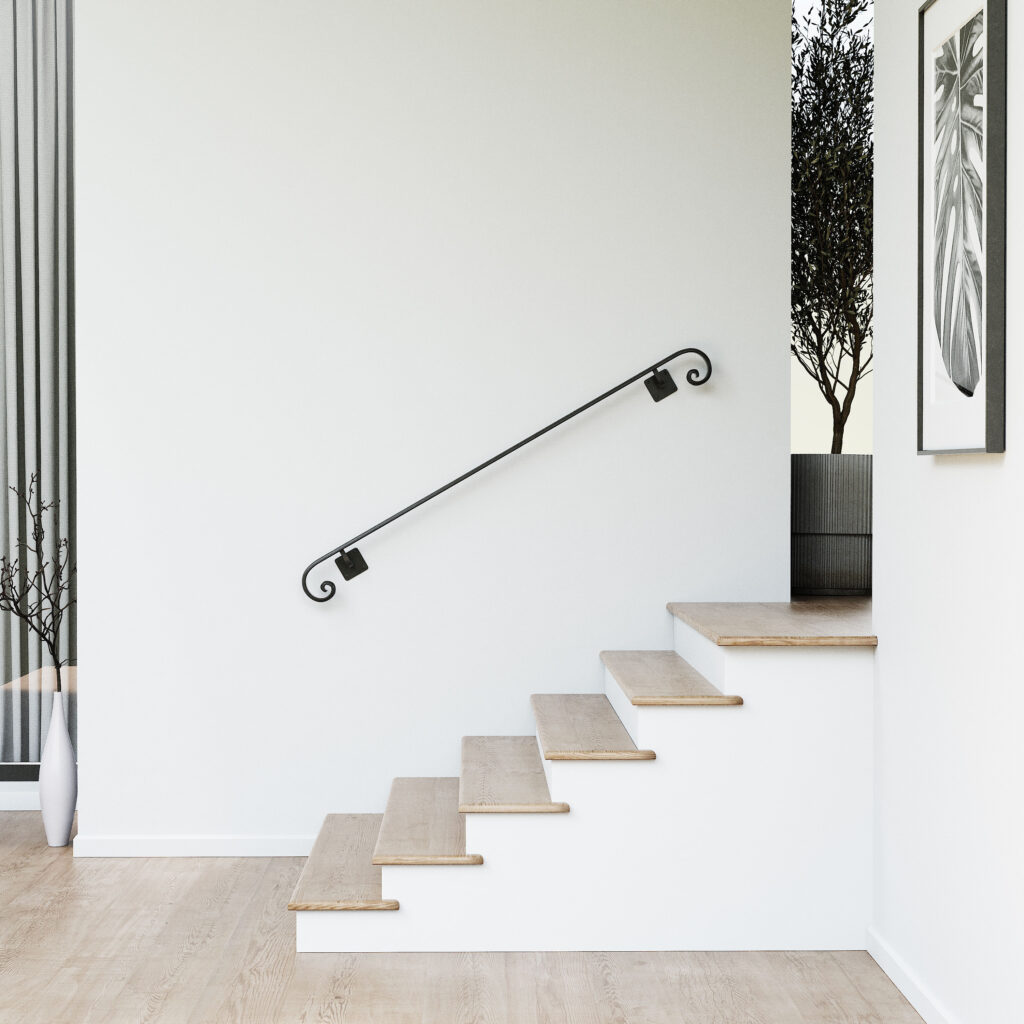 Rustic Stair Handrail with Scrolled Ends | StairHandrail.com